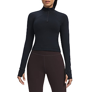 AVGO Long Sleeve Workout Shirts for Women Half Zip Pullover Cropped Sweatshirt Athletic Yoga Shirts(Black,Large)