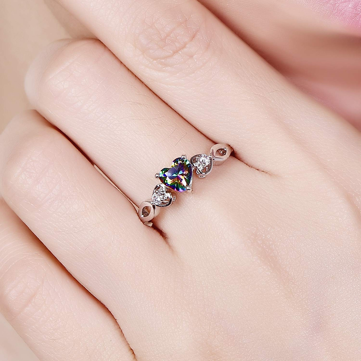 Narica 925 Silver Plated Ring Created Rainbow Topaz Heart Shaped Twist Wedding Engagement Ring for Women Size 9