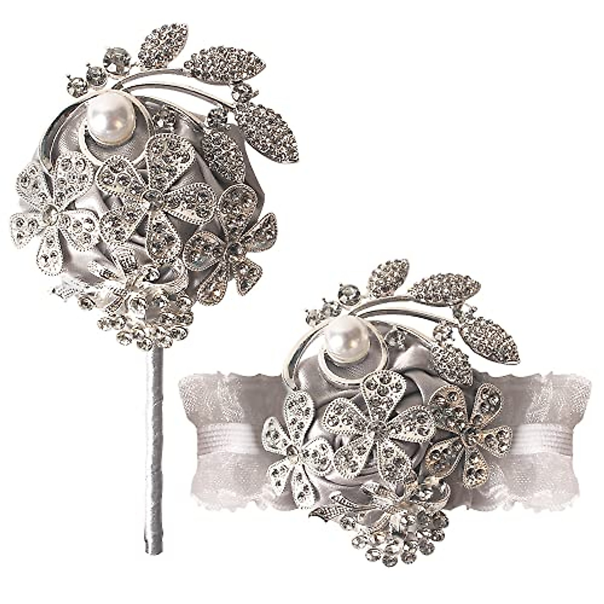 WANLIAN Wrist Corsage with Peal and Rhinestone Corsage and Boutonniere Set for Wedding,Prom,Party (Silver Gray，2 Pieces)