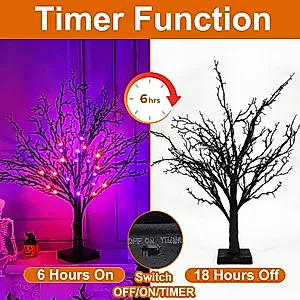 [ Timer ] 24 Inch Orange & Purple Lighted Halloween Tree with 24 LED Black Twigs Tree Lights Battery Operated Tabletop Halloween Spooky Tree Decorations for Indoor Home Party Holiday Festival Decor