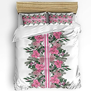 3 Pieces Duvet Cover Set Pink Poinsettia Flower Berries Green Leaf Christmas Bedding Set Queen Size Cozy Comforter Cover with Zipper Closure and Corner Ties,1 Duvet Cover and 2 Pillow Shams