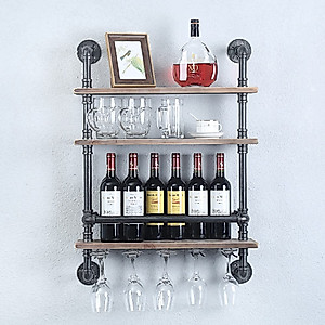 Industrial Pipe Shelf Wine Rack Wall Mounted with 5 Stem Glass Holder,24in Real Wood Shelves Kitchen Wall Shelf Unit,3-Tiers Rustic Floating Bar Shelves Wine Shelf,Steam Punk Pipe Shelving Glass Rack