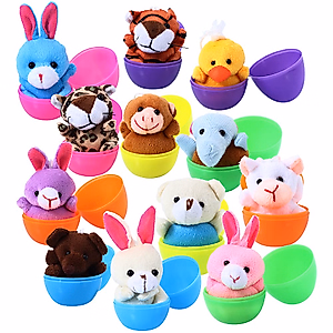 ThinkMax 12 pcs Easter Eggs Filled with Mini Plush Animals Toy for Easter Basket Stuffers/Fillers, Eggs Hunt, Party Favor