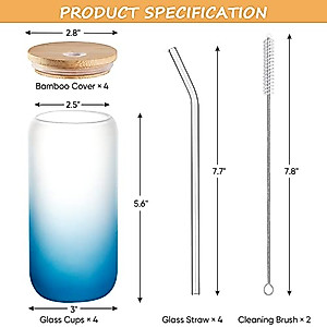 Drinking Glasses, 4 Pcs Sublimation Glass Blanks with Bamboo Lid, 17Oz Frosted Glass Cups with Lids and Straws Beer Can Shaped Glass Tumbler Gradient Color Change Glassware Set for Iced Coffee Drinks