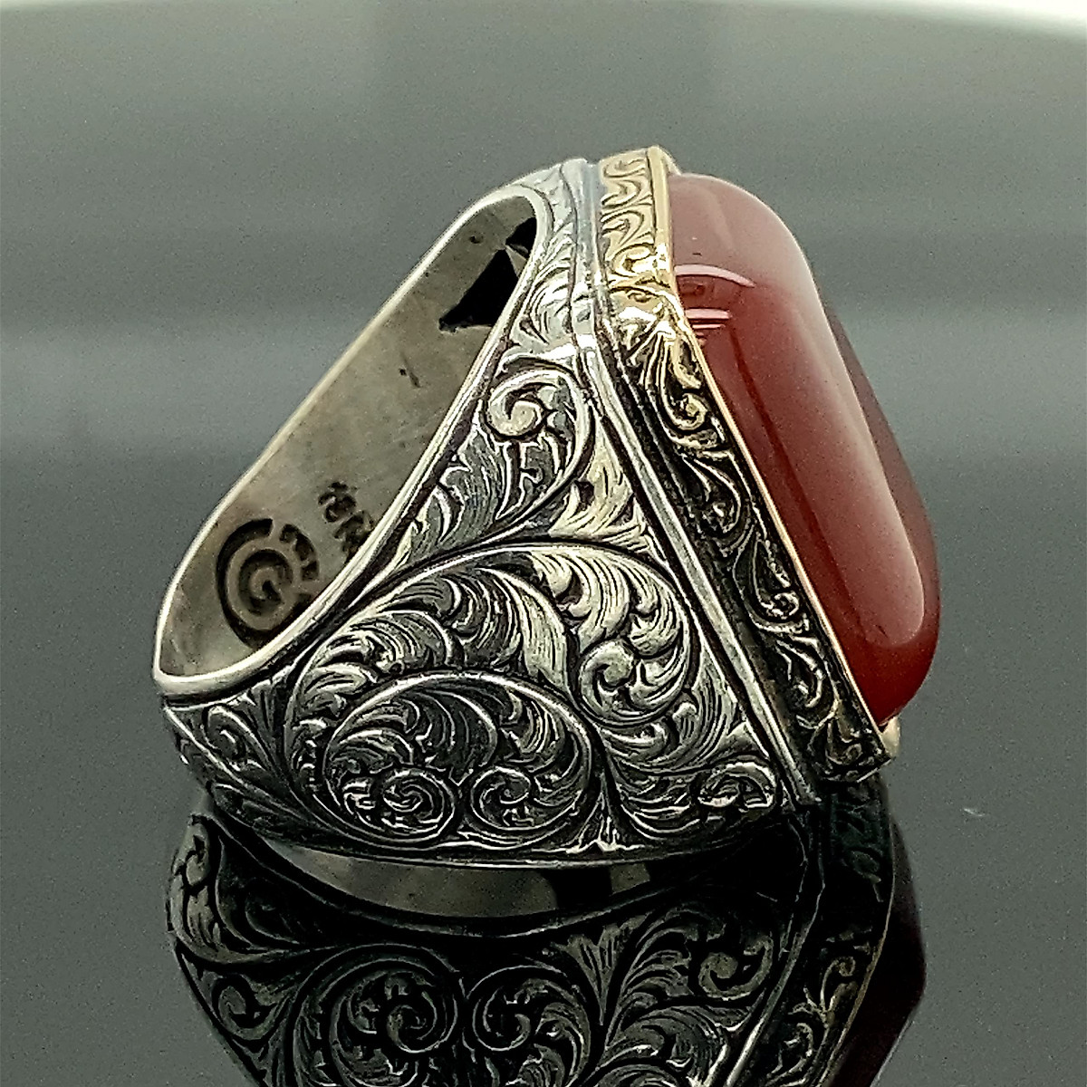 Men Handmade Ring, Red Agate Ring, Dark Aqeeq Gemstone Ring, Ottoman Style Ring, 925k Sterling Silver, Gift For Him