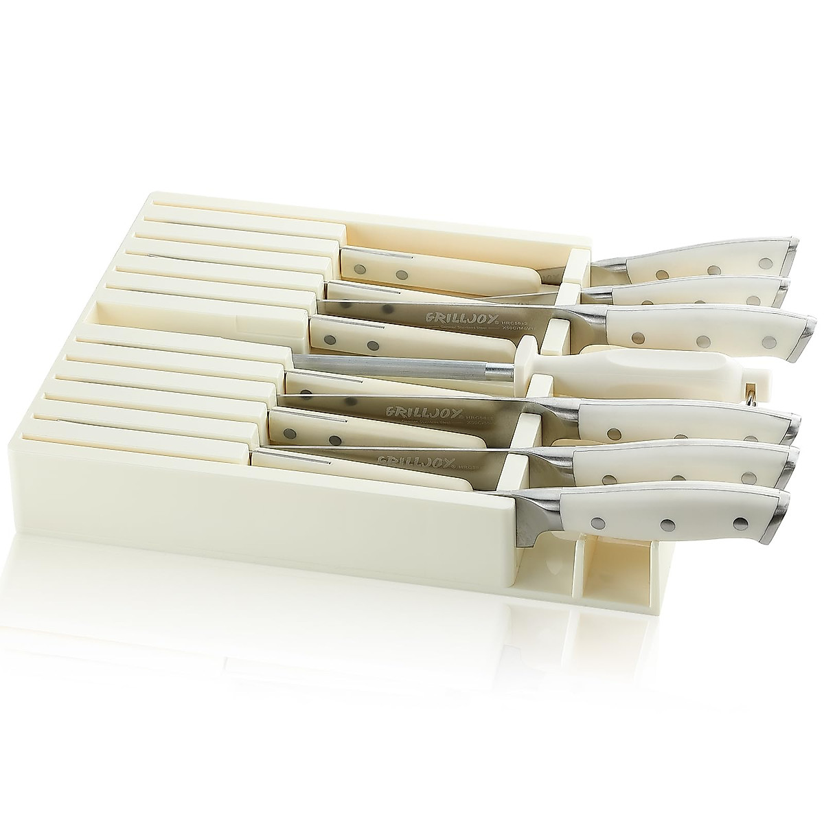 grilljoy 17PCS Premium Knife Set With In-drawer Knife Block, High Carbon Stainless Steel Cutlery Knife Block Set, Versatile Chef Knife Set for Daily Kitchen Use, White