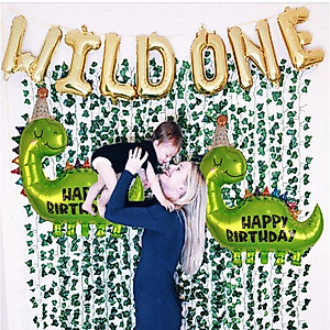 2 Pcs Dinosaur Balloons Birthday Decoration for Kids, 35 Inch Big Green Foil Happy Birthday Dino Balloon for Wild One Baby Shower Jungle Safari Animal World Themed Party Supplies Decor