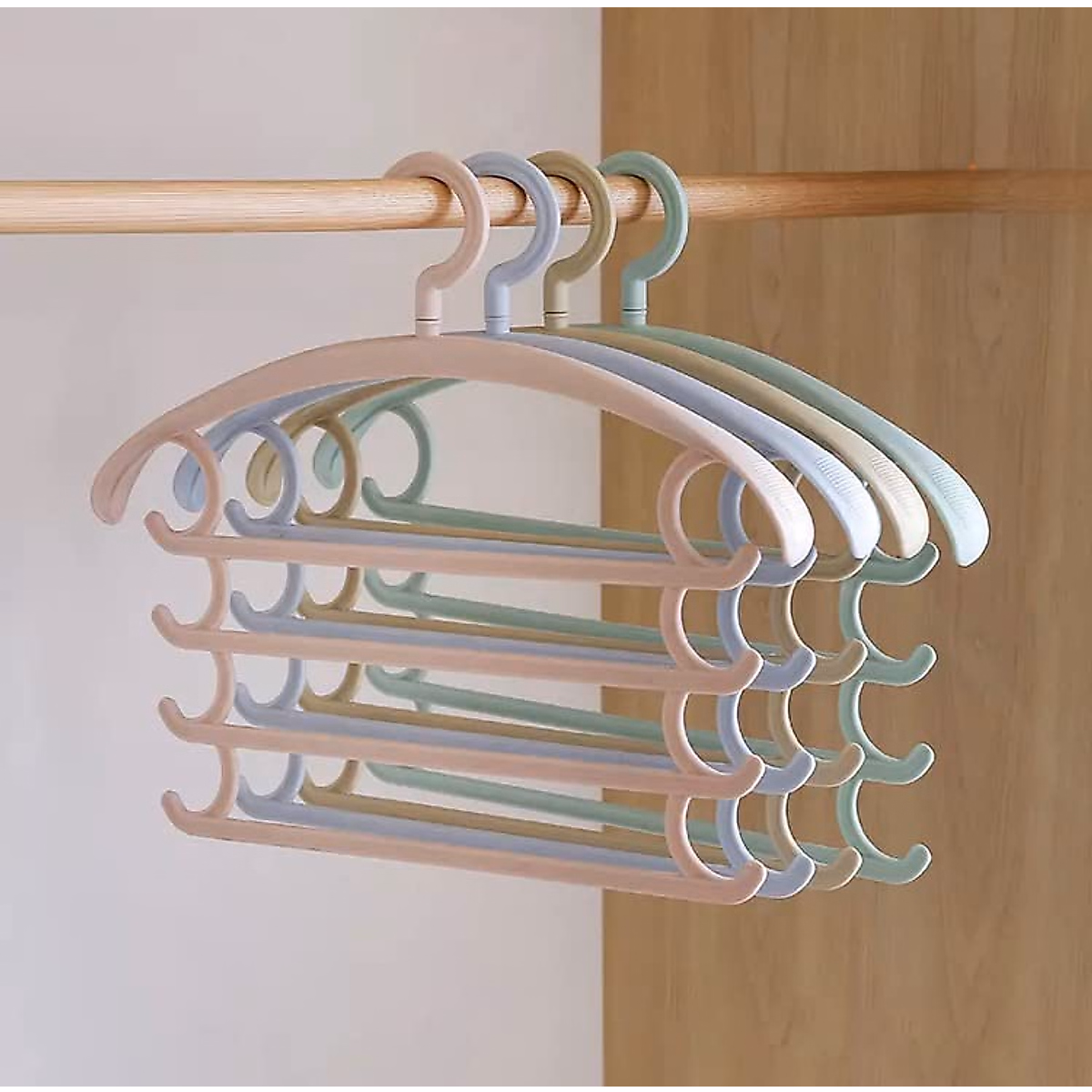 Pants Hanger 3Pk Space Saving Multi Functional Clothes Hanger 4 Layer Closet Organizer for Trousers Scarves… (Green)