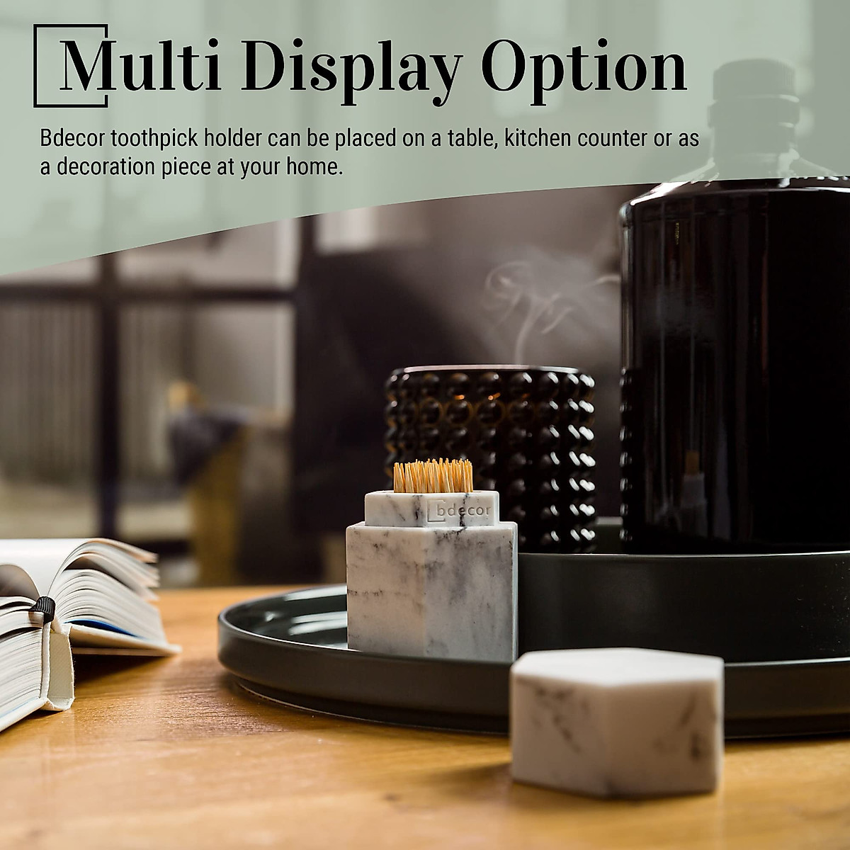 bdecor Toothpick Holder, Toothpick Holder Dispenser with Lid, Marble Effect