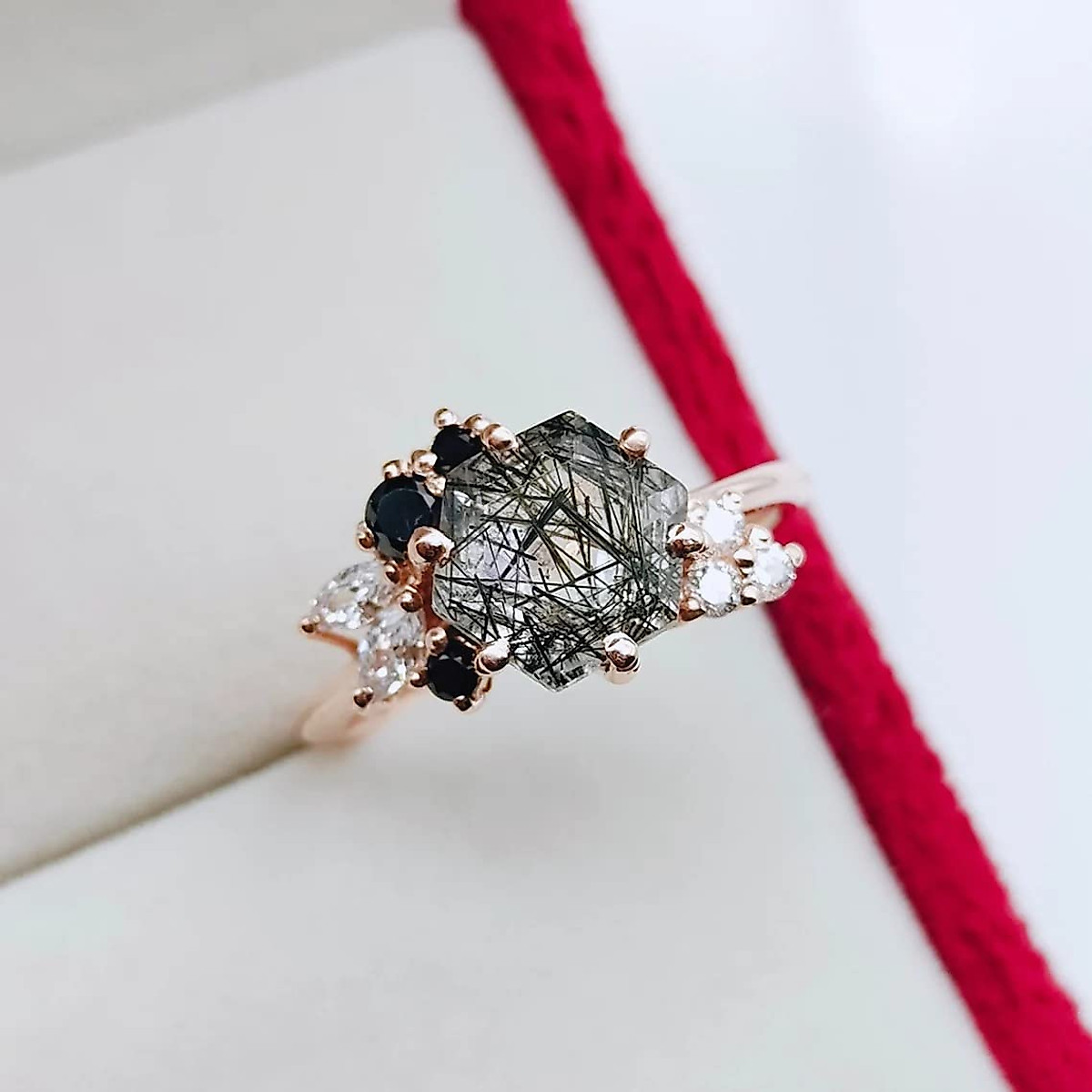 Rings For Women Hexagon Cut Black Rutilated Quartz Ring Vintage Unique Ring Marquise Cluster Black Spinel, Gift Beautiful Wedding Ring BY FOREVER GEMS & JEWELS, Rose Gold,White,Silver