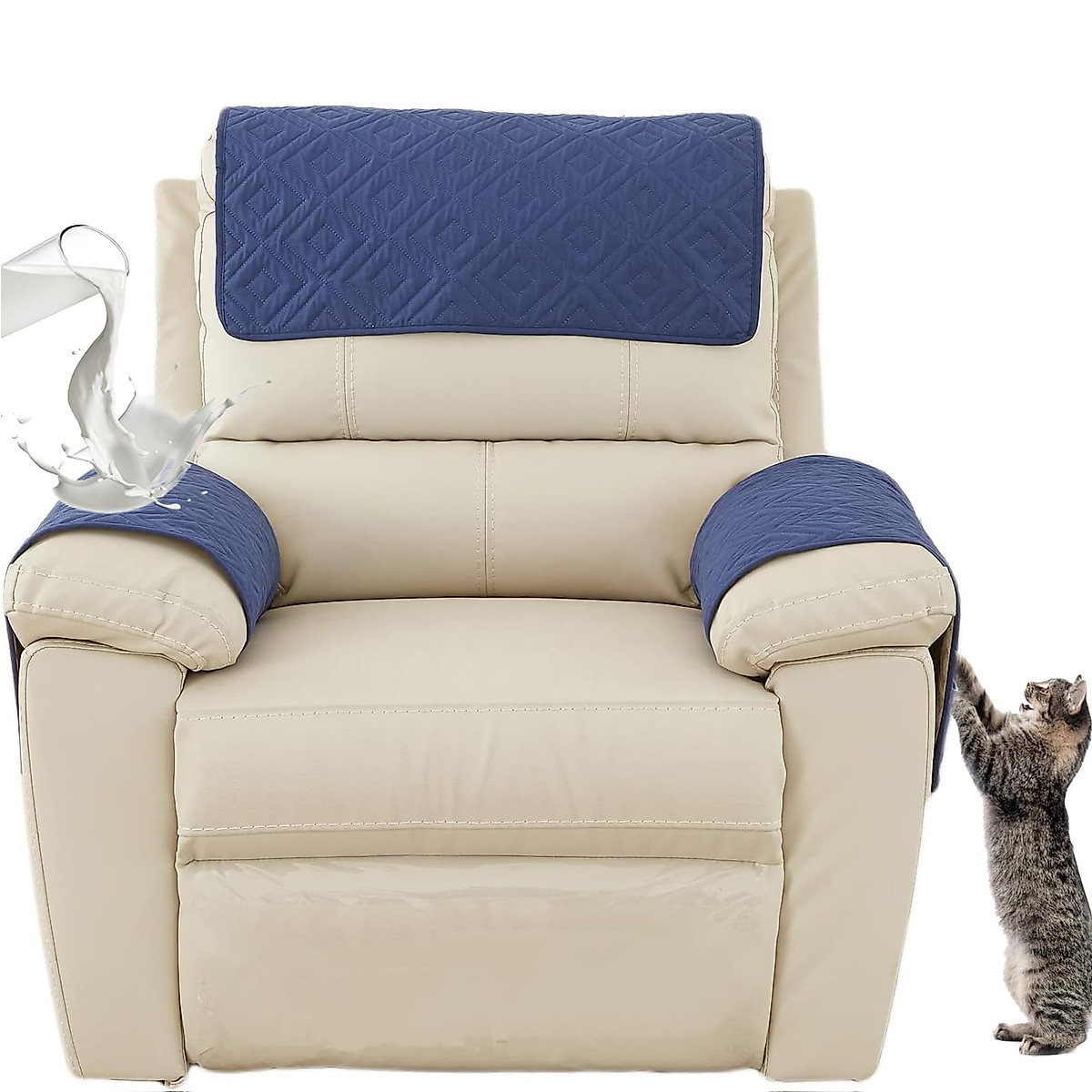 Sofa Armrest Cover, Headrest Cover for Recliner Chair Arm Cover, Armchair Slipcover with Pockets Nonslip Quilted Furniture Protector for Pets Leather Sofa Couch Slipcover (Navy Blue,1 Seater(3pcs))