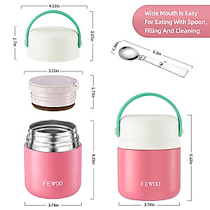 FEWOO Food Jar, 13.5oz Insulated Lunch Soup Container for Hot Cold Food for Kids Adults, Leak Proof Vacuum Stainless Steel Food Jar with Folding Spoon for School Travel Outdoors (Green-Pink)