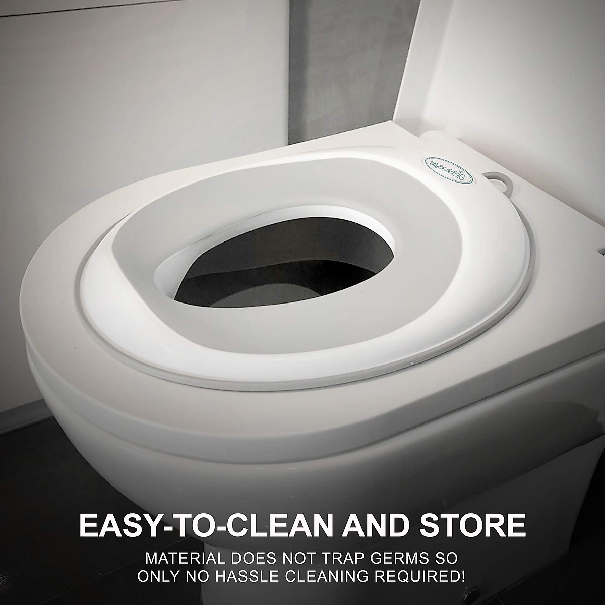 Baby and Toddler Potty Training Seat For Boys and Girls by LittleBearBig - Portable White and Gray Topseat for Toilet with Hook - Fits Oval/Round Lid - Travel Friendly - Stylish Design -Non-Slip Ring
