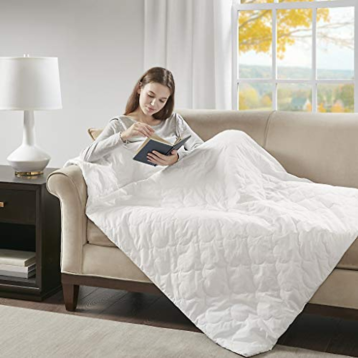 Beautyrest Deluxe Weighted Adult, Ogee Quilted 100% Cotton, Glass Beads Filling, and Removable Cover Calming Heavy Blankets, 60" x 70"-12Lbs, White