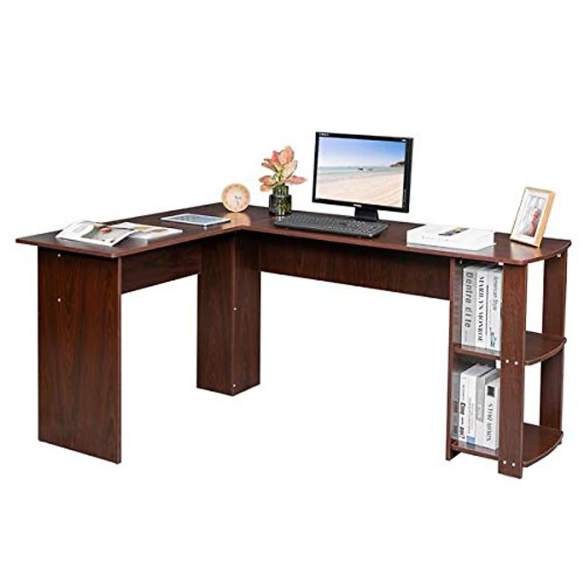 INXXCOROO Basyll L-Shaped Corner Desk Home Office Workstation with Hutch Bookshelves - Sturdy Wooden Computer Table for Laptop and Study
