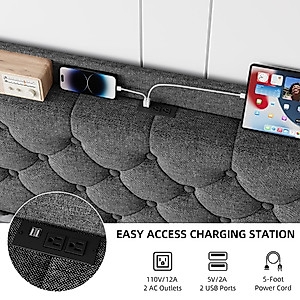 GAOMON King Size Bed Frame with Charging Station and Storage Shelf, Upholstered Platform Bed with Headboard and Wingback, Button Tufted Design, No Box Spring Needed, Easy Assembly, Dark Grey