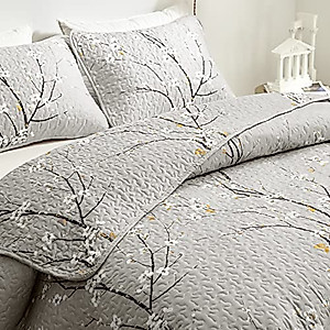 3 Pieces Quilt Set Queen Full Size 88x88 Gray Branch Floral Style Soft Reversible Microfiber Lightweight Coverlet Bedspread Summer Bedding Set Bed Cover for All Season (1 Quilt+ 2 Shams)