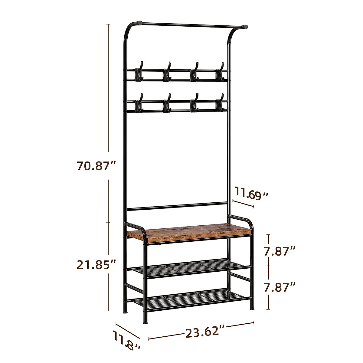 IDEALHOUSE Hall Tree, Entryway Bench, Coat Rack Freestanding Shoe Bench, 3 in 1 Hall Tree Entryway Storage Bench, Multifunction Bench with Steel Frame, 8 Large Hooks, 3-Tier Storage Shelf