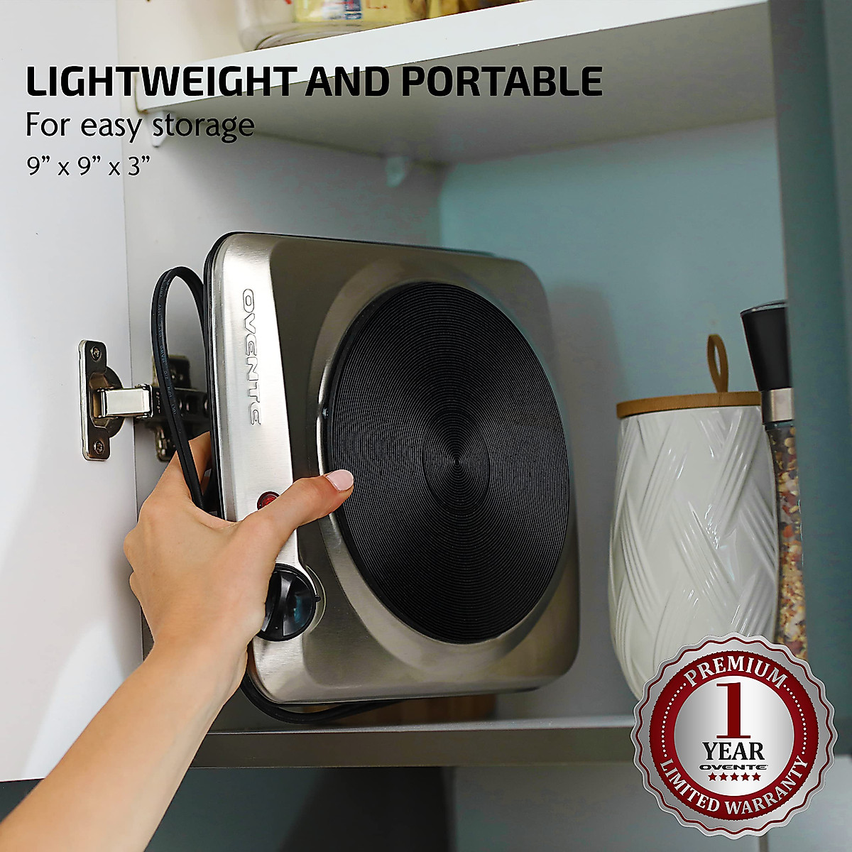 OVENTE Electric Countertop Single Burner, 1000W Cooktop with 7.25 Inch Cast Iron Hot Plate, 5 Level Temperature Control, Compact Cooking Stove and Easy to Clean Stainless Steel Base, Silver BGS101S