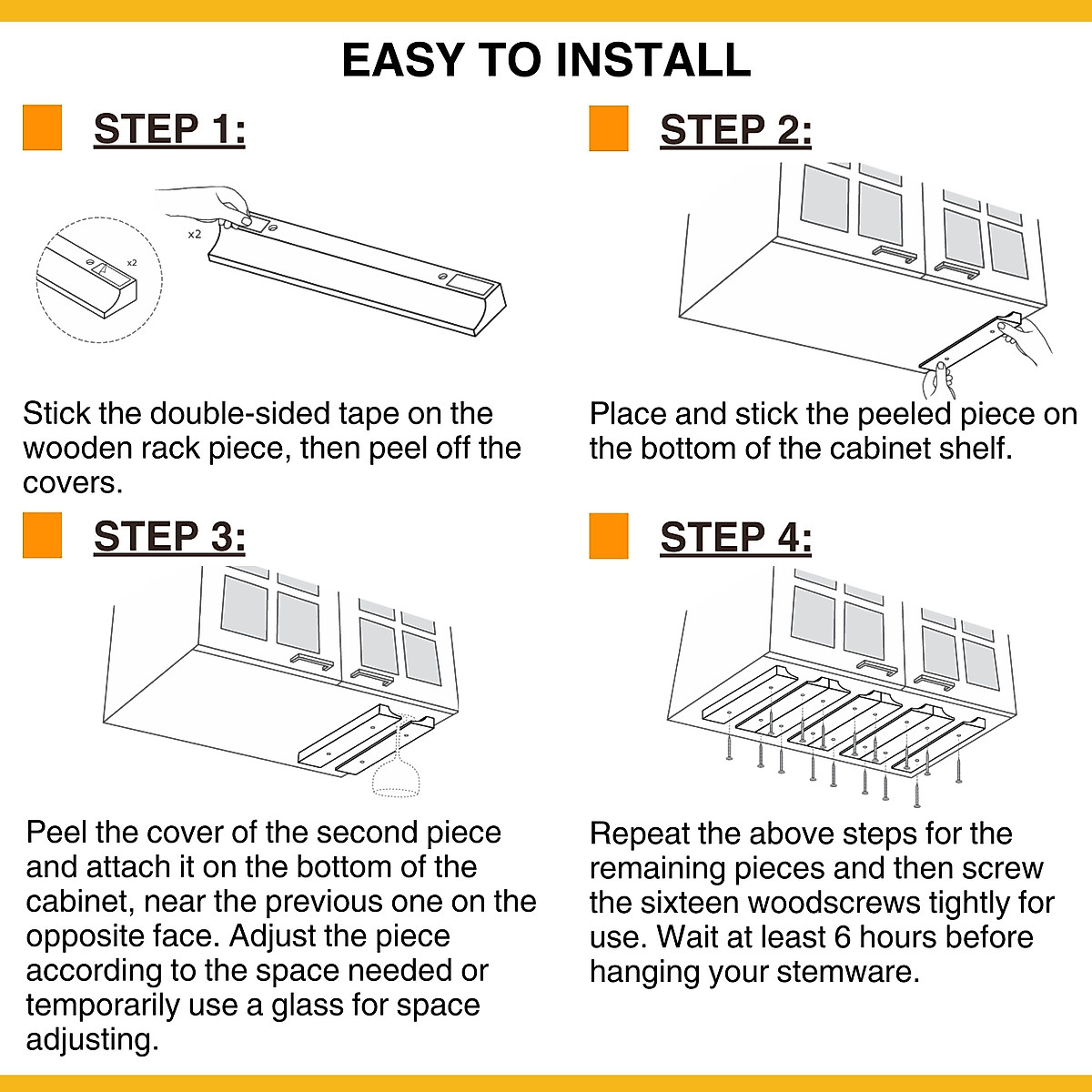Rustic State 4 Sectional Adjustable Wood Under Cabinet Wine Glass Holder Wine Glass Rack Hanging Shelf Stemware Glassware Bar Organizer - 12 Wine Glass Storage - 11 Inch Deep - Mahogany