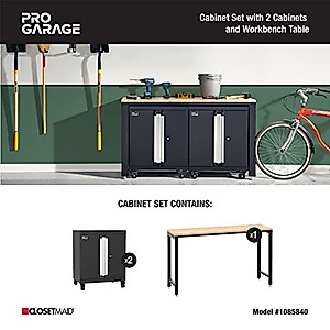 ClosetMaid ProGarage Garage Storage Base Cabinets & Workbench Top 3-Piece Set, Custom, Durable, Adjustable, Steel Construction, Black