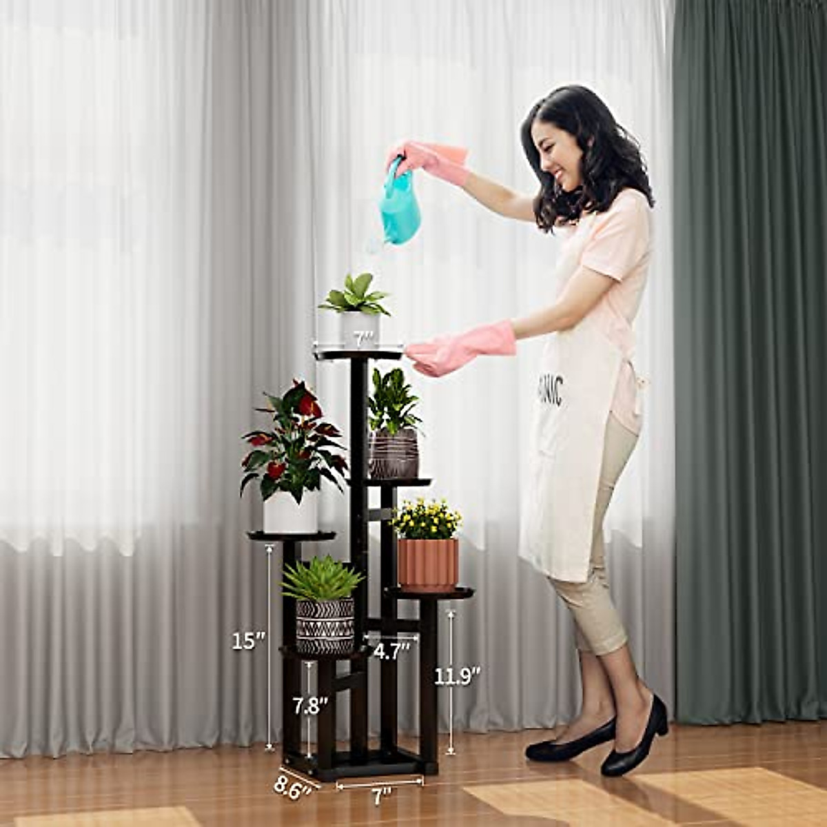 POTEY 5 Tiered Metal Plant Stand Indoor, Tall Plant Shelf Corner Plant Stands for Indoor Plants Multiple, Black Plant Shelf Rack for Outdoor Home Patio Lawn Garden