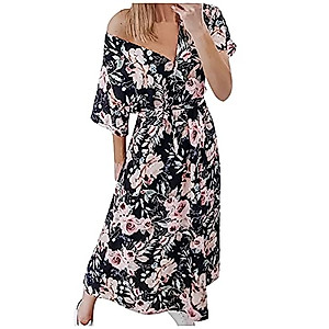 WYTong Women Boho Dresses Short Sleeve Deep V-Neck Casual Dress Pleated Waist Maxi Dress With Belt(Navy,Small)
