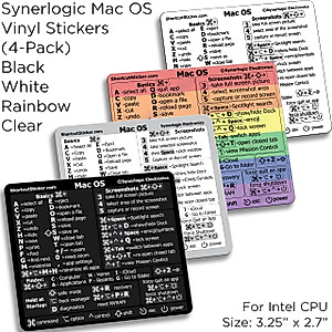 SYNERLOGIC (4-Pack Black/White/Clear/Rainbow) Mac OS Reference Keyboard Shortcut Sticker - Vinyl - Size 3.25"x2.7" for Intel MacBook Pro Air iMac Mini