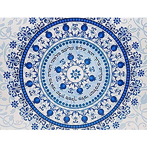 Shabbat Challah Bread Cutting Board and Tray Blue Pomegranate Floral Pattern Tempered Glass Judaica Gift