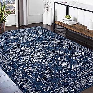 COZYLOOM Large 9x12 Area Rug Moroccan Rug Washable Rugs for Living Room Indoor Soft Vintage Rugs for Bedroom Non Slip Backing Distressed Carpet for Nursery Playroom Home Office Foldable Thin Rug Blue