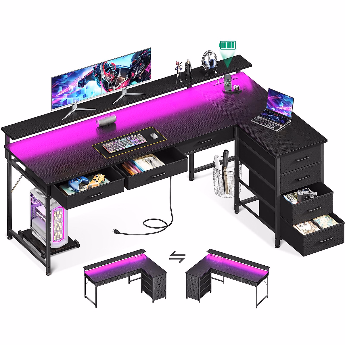 AODK 61" L Shaped Desk with 7 File Drawers, Gaming Desk with LED Light & Power Outlet, Reversible Home Office Desk with Monitor Shelf & Movable CPU Stand, Corner Computer Desk, Black