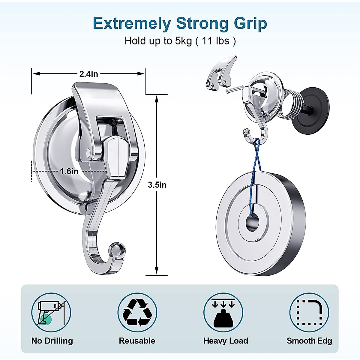 Khdrvok Heavy Duty Vacuum Wreath Cup Hook, Easy to Install and Remove, No Hole Punched,Black- Plated Plished Super Suction for Kitchen，Bathroom and Restroom,2Pack