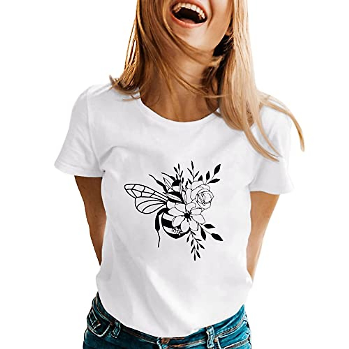 Womens Spring Summer Bees Printed Short Sleeve O Neck T Shirt Top White
