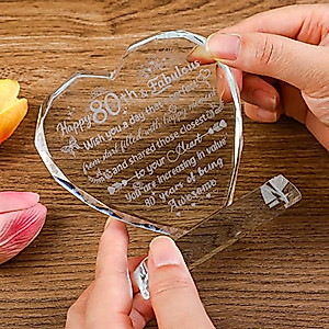 80th Birthday Gifts for Women Mom, Happy 80 Years Old Gifts Ideas for Female Grandma, Glass Love Heart Engraved Keepsake Presents for Her Wife