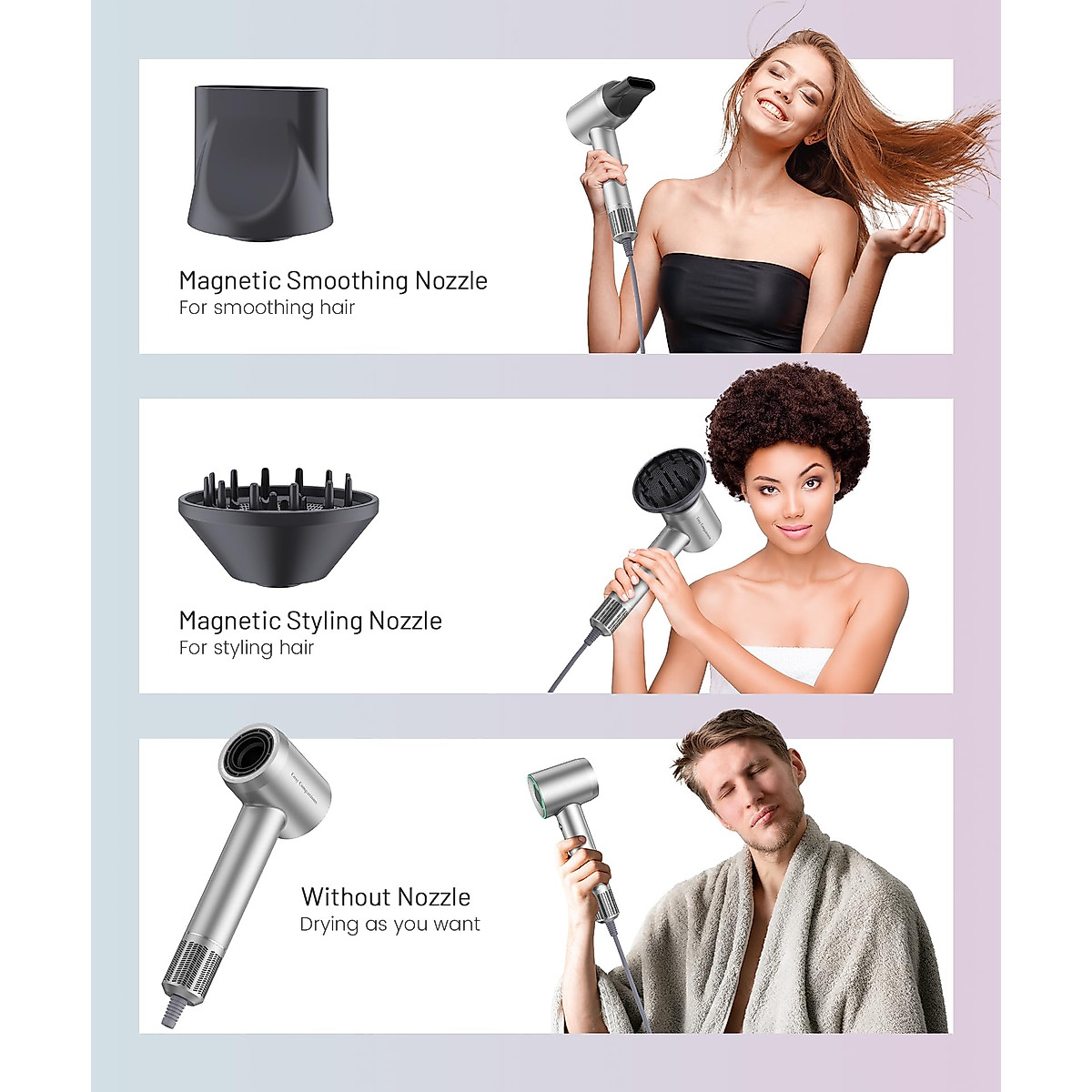 Hair Dryer - 150000 RPM High-Speed Brushless Motor Negative Ionic Blow Dryer for Fast Drying, Low Noise Thermo-Control Hair Dryer with Diffuser and Nozzle, Silvery