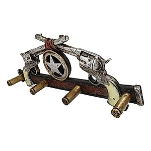 Ebros Gift Rustic Western Old World Dual Six Shooter Revolver Gun Pistols with Western Star 4 Pegs Coat Key Hat Leash Wall Hanging Bullet Ammo Shaped Hooks Country Decorative Organizer