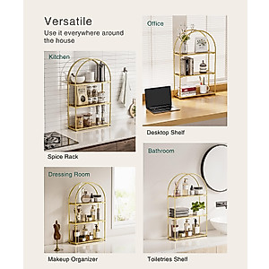 Crofy Gold Arched Frame Wall Shelf, Decorative 3 Tier Bathroom Wall Shelf with Walnut Finish Shelves and Robust Storage Capacity, 6" D x 17.9" W x 28.57" H