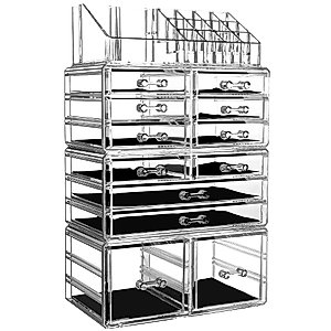 Cq acrylic 4 Pack Clear Makeup Organizer Countertop,Stackable 12 Drawers Skincare Organizer,Cute Skin Care Organizer for Vanity Hair Clip,Jewelry,Beauty Product Desk and Make Up Organizers for Vanity