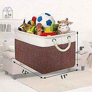 IMQSQIK Foldable Storage Bin 2 Pack, Large Fabric Storage Bin with Coarse Hemp Rope Handles, Gift Baskets Empty for Organizing Closet Nursery Shelves ( 15x 11 x 8 inches, Khaki White)