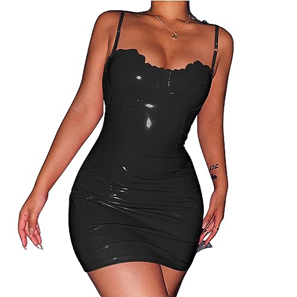 Aeefnuie Women Latex Mini Dress Sexy Faux Leather Slim Dress Spaghetti Straps Backless Club Party Wear Large