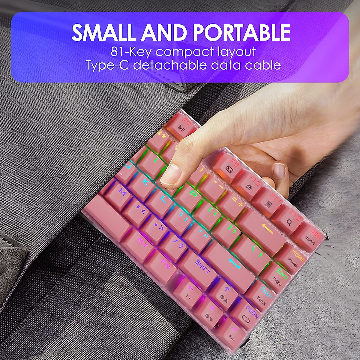 HUO JI E-Yooso Z-88 RGB Mechanical Gaming Keyboard, Red Switches, 60% Compact 81 Keys Hot Swappable for Mac, PC, Cute Pink