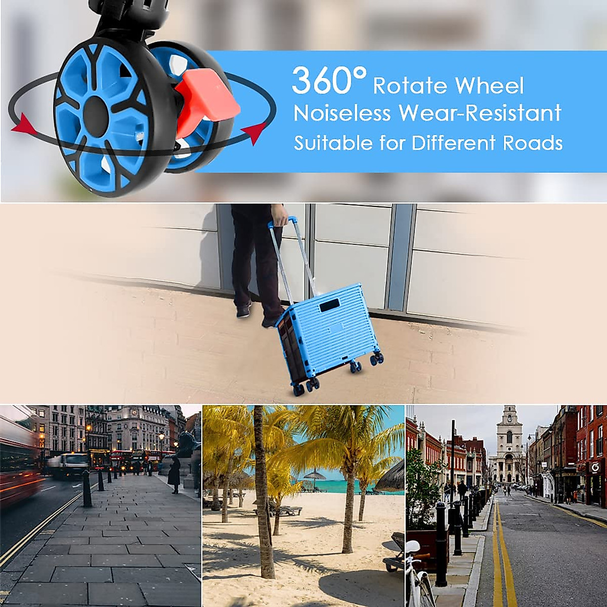 SELORSS Foldable Utility Cart Portable Collapsible Crate Rolling Carts with Wheels Rolling Tote Basket Teacher Cart with Lid Wear-Resistant 360°Rotate Wheel Noiseless for Shopping Storage Office Use