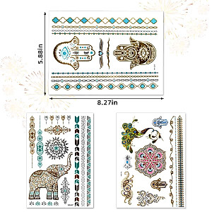 12 Sheets Flash Gold Metallic Temporary Tattoos for Women Girls Waterproof Gold Silver Tattoo Stickers for Beach Festivals Parties Long Lasting Nontoxic Glitter Fake Tattoos Exquisite Designs