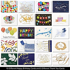 padike Unique Designs Birthday Cards Box Set - Birthday Greeting Cards - 15pc Happy Birthday Cards and 5pc Thank You Cards - Envelopes and Gold Seals