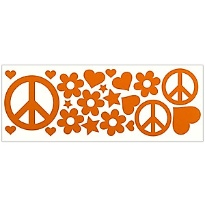 LiteMark Reflective Orange Sixties Peace and Love Sticker, 60's Style - Pack of 22 Pcs (Hearts, Stars, Flowers, and Peace Signs)
