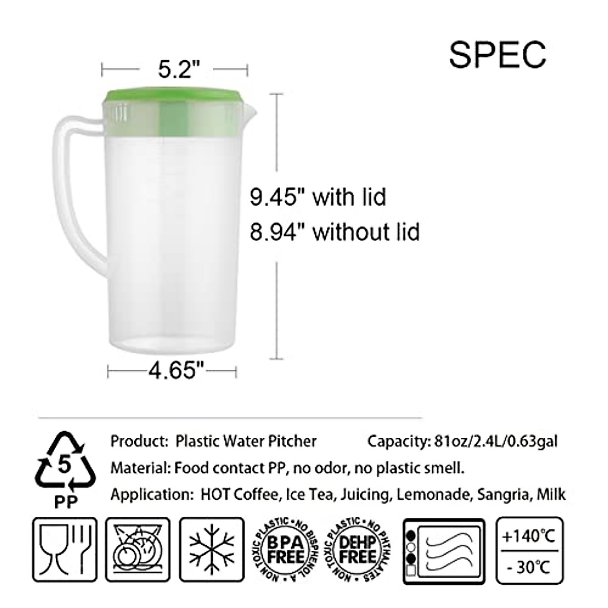 81oz/2.4Litre/0.63 Gallon Plastic Water Pitcher with Lid BPA-FREE Carafes Mix Drinks Water Jug for Hot/Cold Juice Beverage Ice Tea (Green, 81oz)
