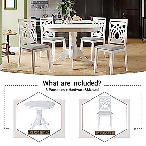 5-Piece Dining Table Set, Round Kitchen Table Set for 4, Extendable Kitchen Table Set with 4 Exquisite Upholstered Chair, Solid Wood Dining Furniture Set with Extendable Leaf for Small Places, White