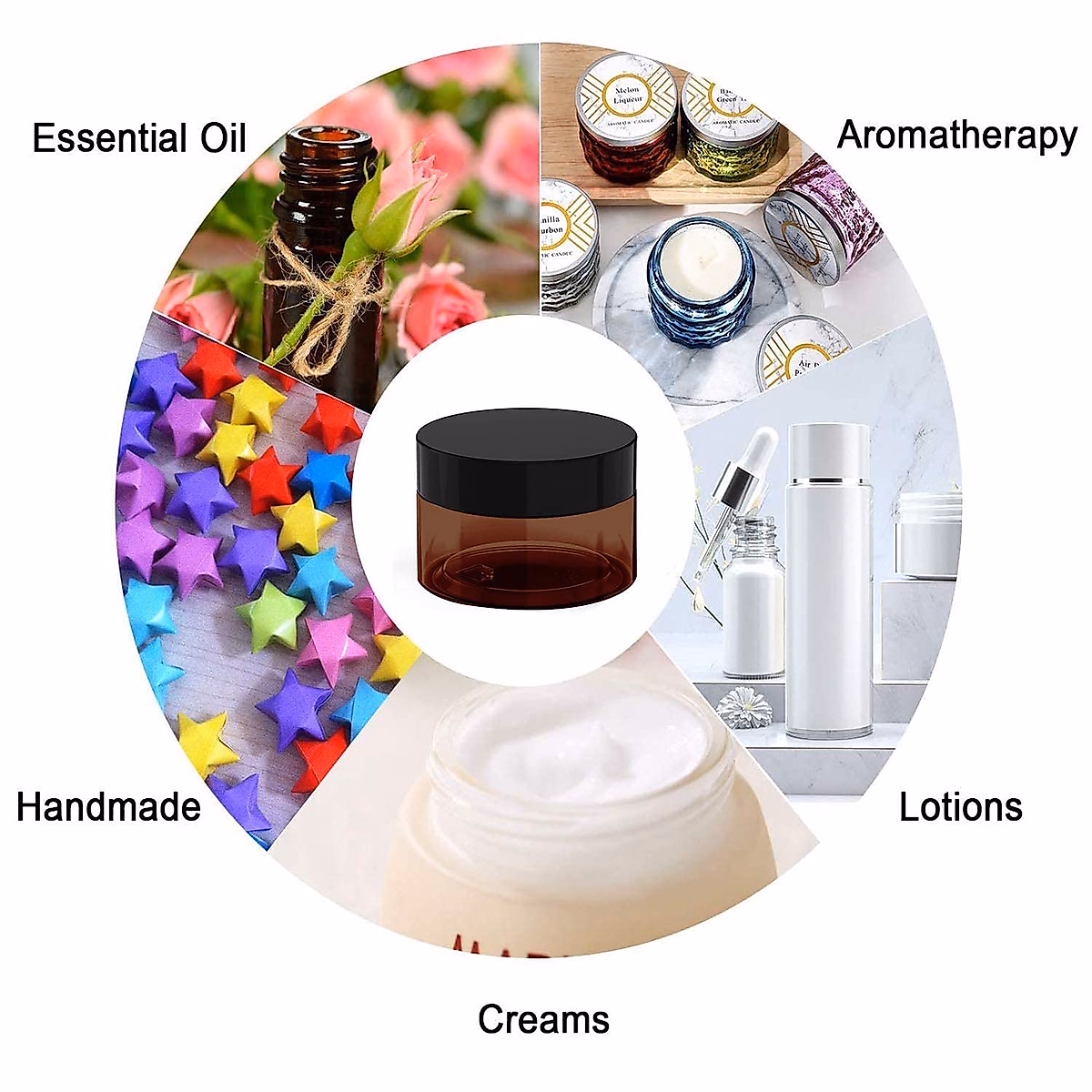4 oz Amber Plastic Cosmetic Jars Leak Proof Container with Black Lid for Cream, Lotion, Powder, ointment, Beauty Products etc, 6 Pcs.