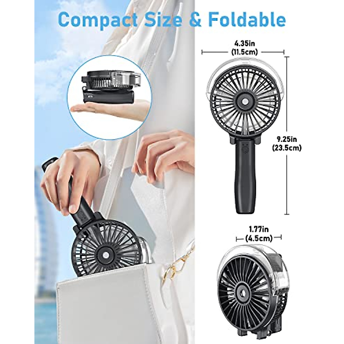 Zuvas Misting Handheld Fan 4800mAh Battery Powered Small Portable Fan with Spray 3 Speed 180°Foldable USB Personal Fan, for Travel Camping Outdoor Sports Neck Lanyard, Black