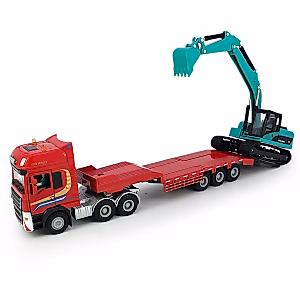 Flatbed Truck Toy with Crawler Excavator Toy Tractor Semi Tow Truck Transport Trailer Metal Diecast Construction Vehicles 2 in 1 Vehicle Playset Friction Powered Toy Trucks for Boys Kids Gift, red